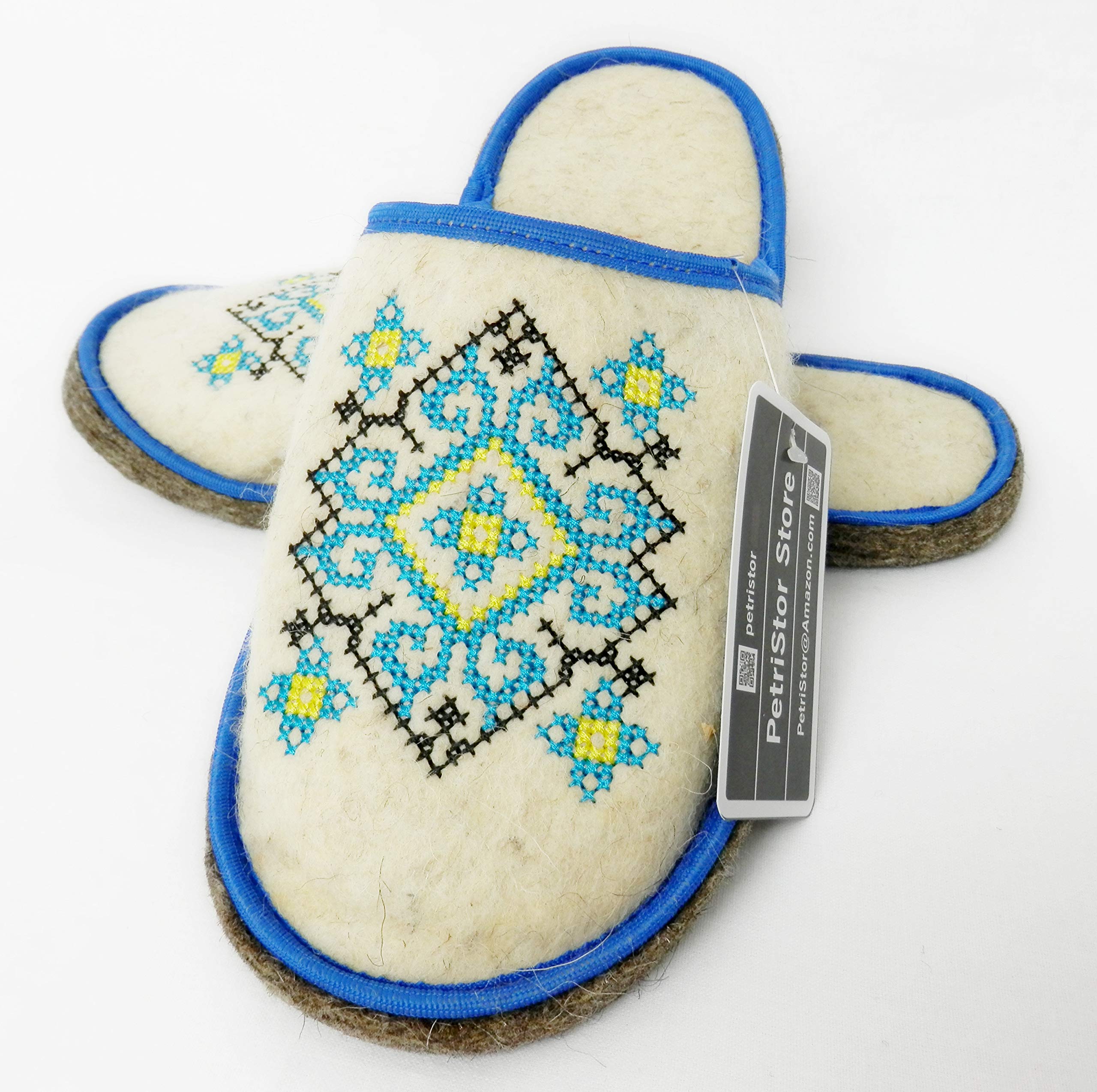 PetriStor 100% Natural Wool Felt Sauna Slippers Ukrainian Ornament Blue for Men - Sauna Banya Slippers Felt Bathhouse/Vaporarium - Made in Ukraine