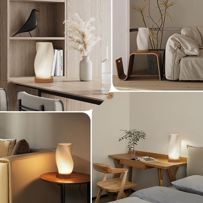 Dawnwake Bedside Lamp with Woodbase - Button Control Table Lamp for Bedroom 12 Way Dimmable Nightstand Lamp with PLA Lampshade for Living Room, Kids Room, College Dorm, Office (White-A, Medium)
