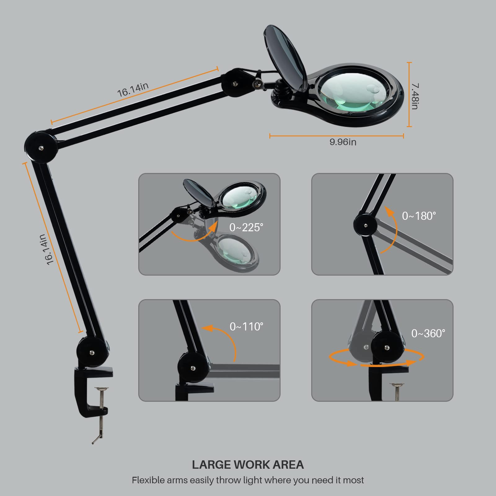 Bemelux Bifocals LED Magnifying Lamp with Clamp, 5 Diopter with 20 Diopter, 5 Inch Magnifier Glass Lens, 1200 Lumens Dimmable Magnifier Lamp for Desk Craft Hobby with 60PCS Bright LEDs