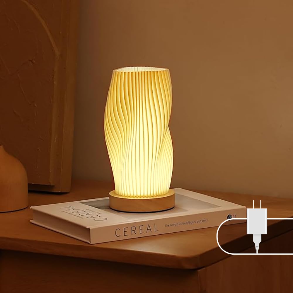 Dawnwake Bedside Lamp with Woodbase - Button Control Table Lamp for Bedroom 12 Way Dimmable Nightstand Lamp with PLA Lampshade for Living Room, Kids Room, College Dorm, Office (White-A, Medium)