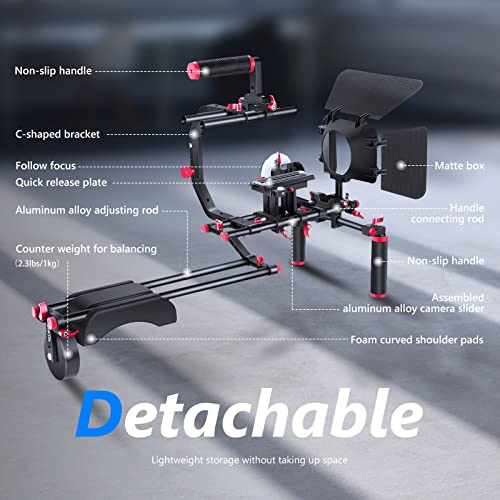 Neewer Shoulder Rig Kit for DSLR Cameras and Camcorders, Movie Video Film Making System with Matte Box, Follow Focus, C-Shaped Bracket, 15mm Rods, Handgrip, 1/4β & 3/8β Threads (Red + Black)