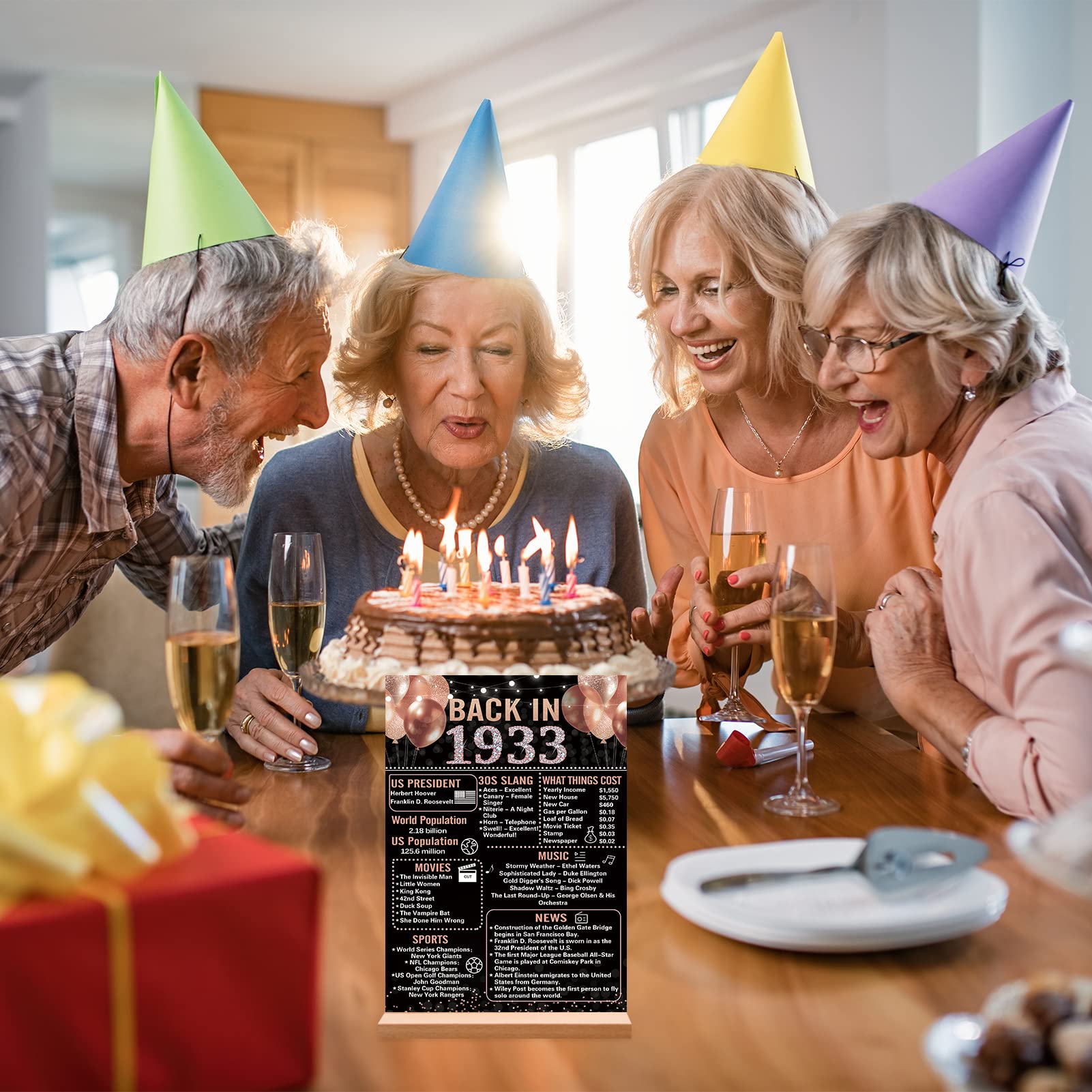 Trgowaul 90th Birthday Decorations Set: Includes Rose Gold Birthday Backdrop Banner 5.9 X 3.6 Fts, Rose Gold Back in 1933 Birthday Poster Acrylic Table Sign with Stand