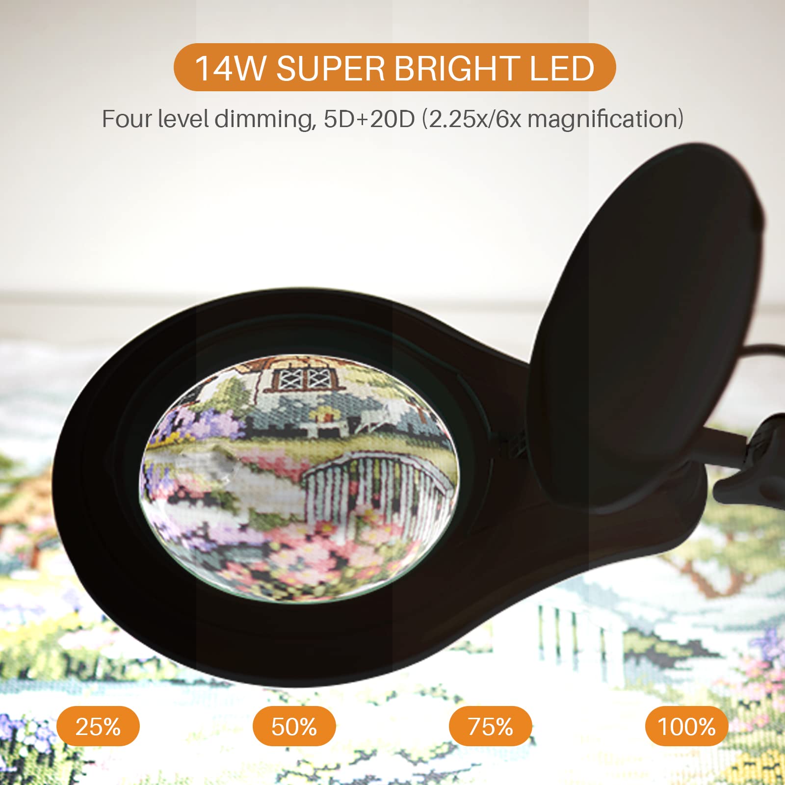 Bemelux Bifocals LED Magnifying Lamp with Clamp, 5 Diopter with 20 Diopter, 5 Inch Magnifier Glass Lens, 1200 Lumens Dimmable Magnifier Lamp for Desk Craft Hobby with 60PCS Bright LEDs
