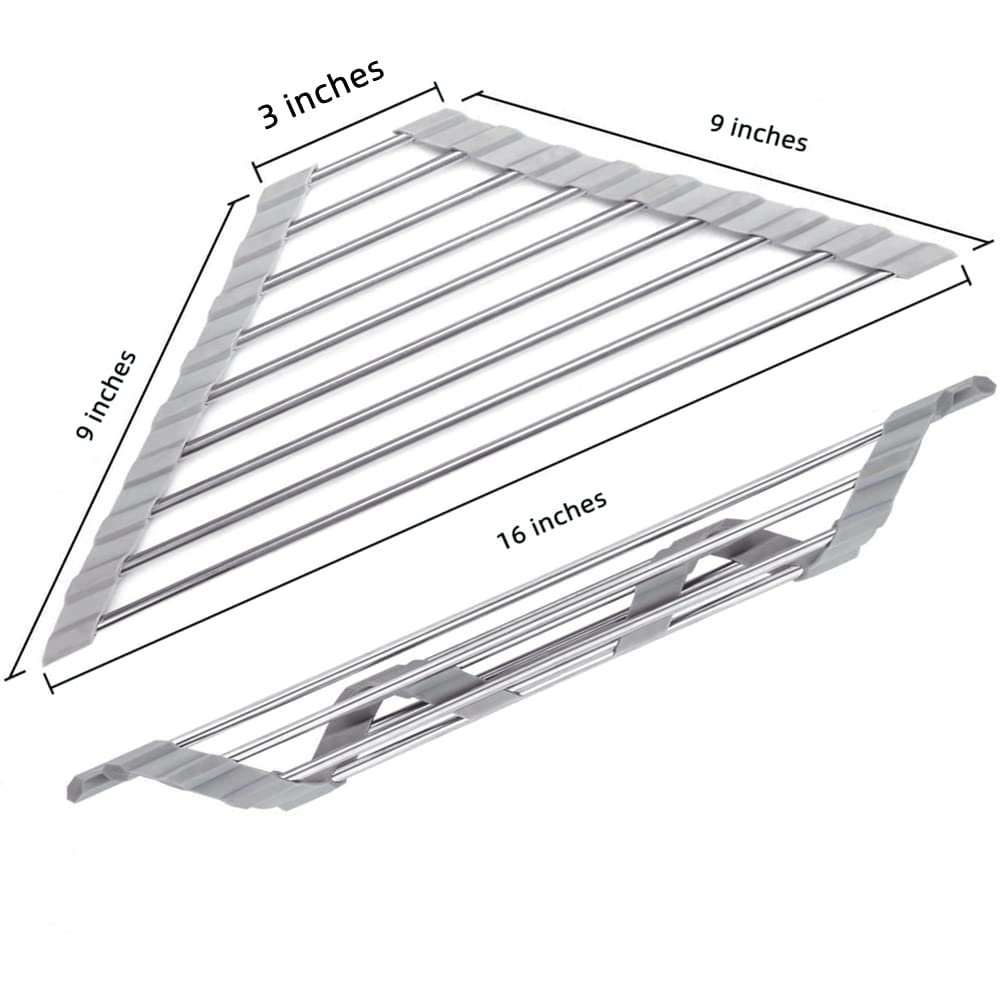 Fafcitvz Triangle Dish Drying Rack Multipurpose Roll-up Drying Rack for Sink Corner Stainless Steel Over The Sink Corner Dish Drainer Mat for Kitchen (Grey)