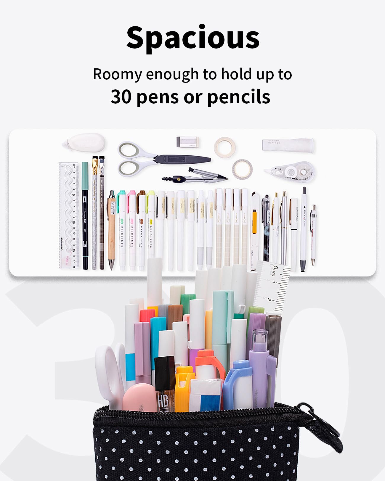 Sooez Pop Up Pencil Case, Cute Stand Up Pencil Case, Durable Pen Pouch, Telescopic Pencil Holder Case, Kawaii Standing Pencil Case, Spacious Pencil Pouch Portable Pencil Bag for School Office (Black)