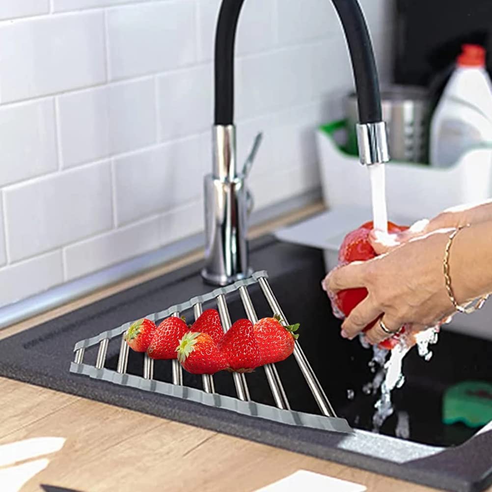 Fafcitvz Triangle Dish Drying Rack Multipurpose Roll-up Drying Rack for Sink Corner Stainless Steel Over The Sink Corner Dish Drainer Mat for Kitchen (Grey)