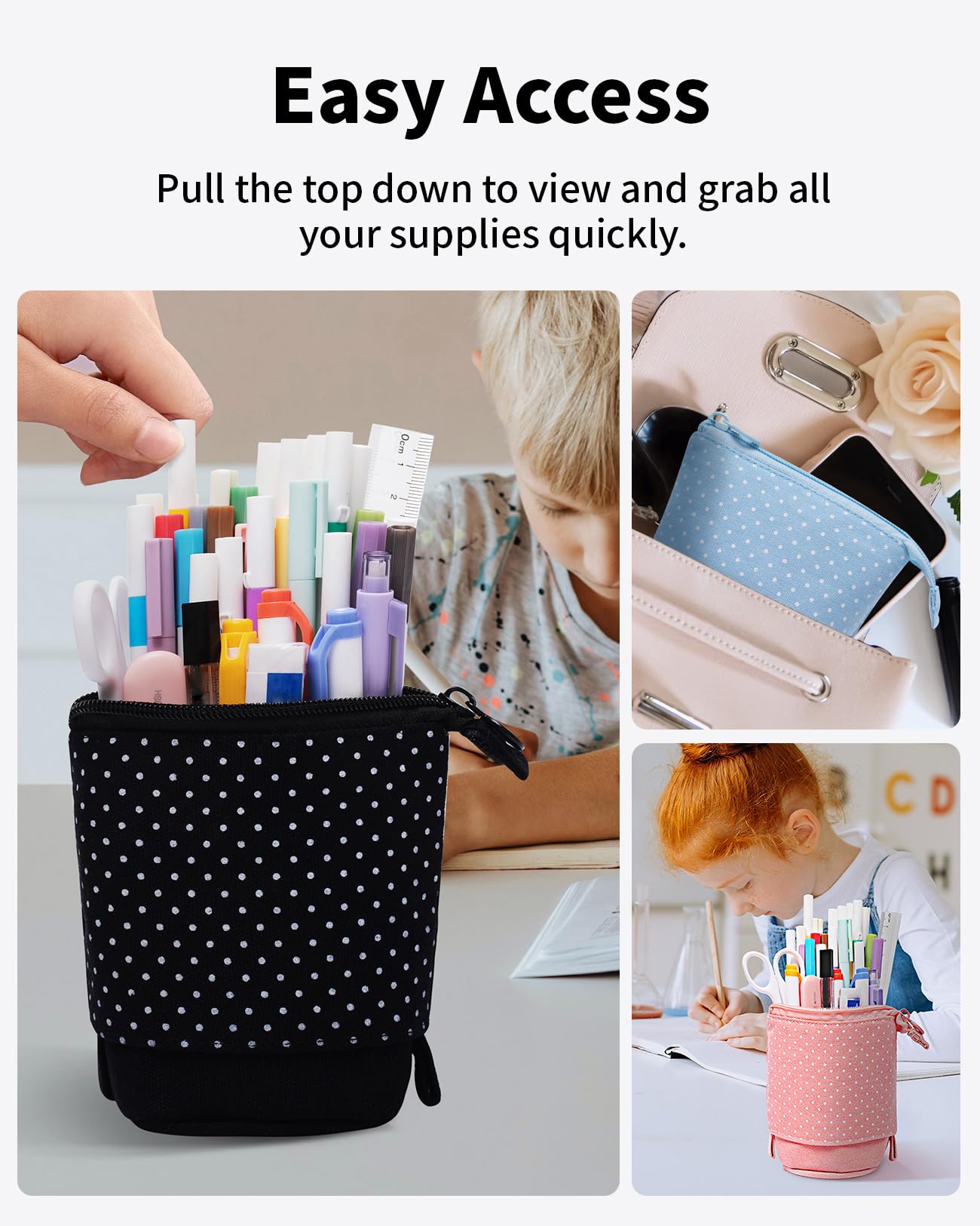 Sooez Pop Up Pencil Case, Cute Stand Up Pencil Case, Durable Pen Pouch, Telescopic Pencil Holder Case, Kawaii Standing Pencil Case, Spacious Pencil Pouch Portable Pencil Bag for School Office (Black)