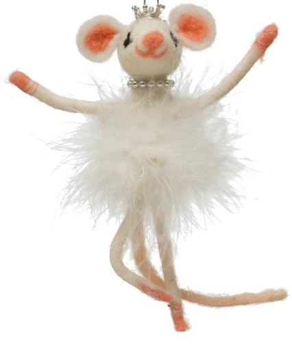 OnHoliday Wool Felt Ballerina Mouse in Feather Dress and Tiara Hanging Christmas Tree Ornament