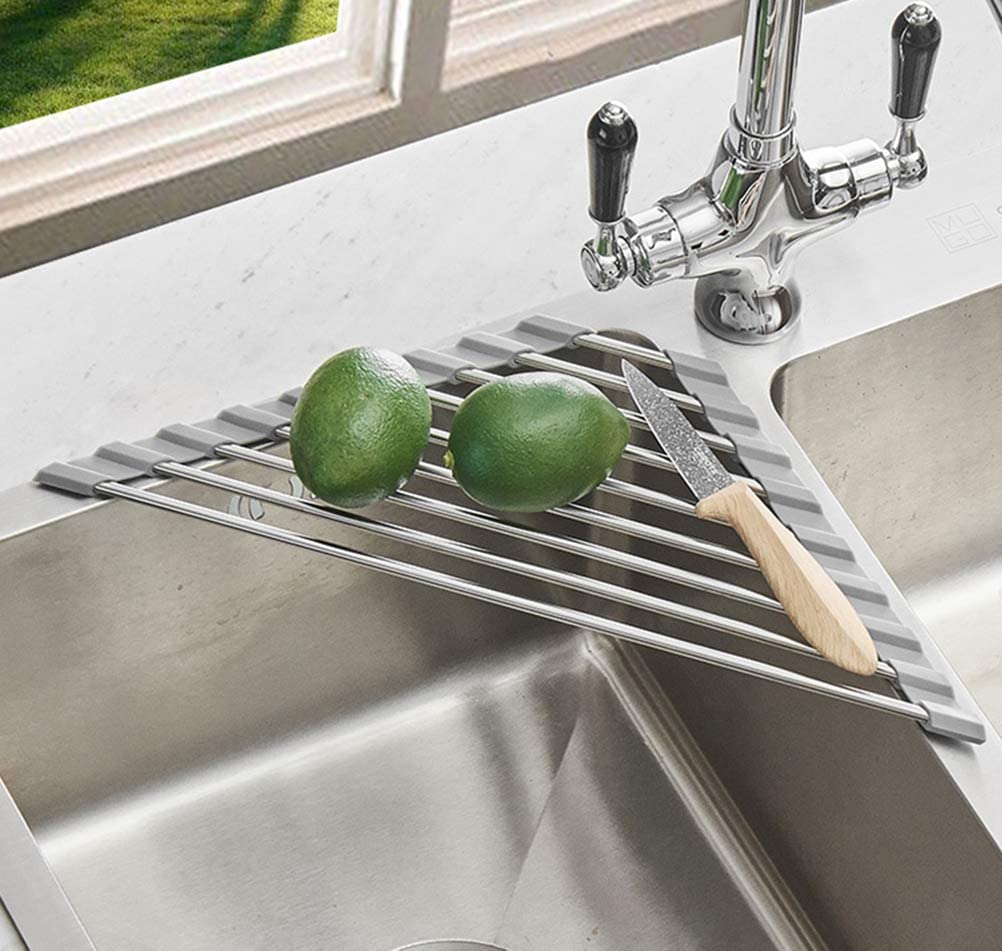 Fafcitvz Triangle Dish Drying Rack Multipurpose Roll-up Drying Rack for Sink Corner Stainless Steel Over The Sink Corner Dish Drainer Mat for Kitchen (Grey)