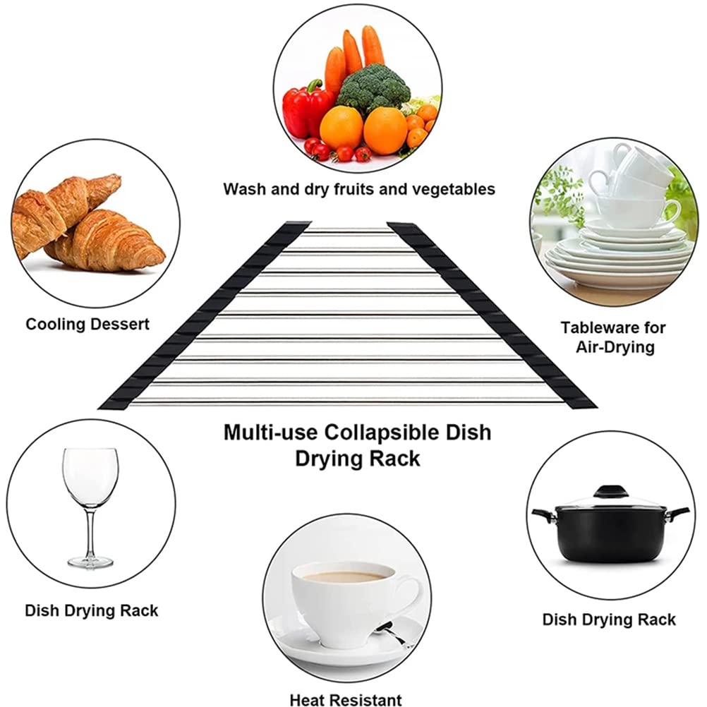 Fafcitvz Triangle Dish Drying Rack Multipurpose Roll-up Drying Rack for Sink Corner Stainless Steel Over The Sink Corner Dish Drainer Mat for Kitchen (Grey)