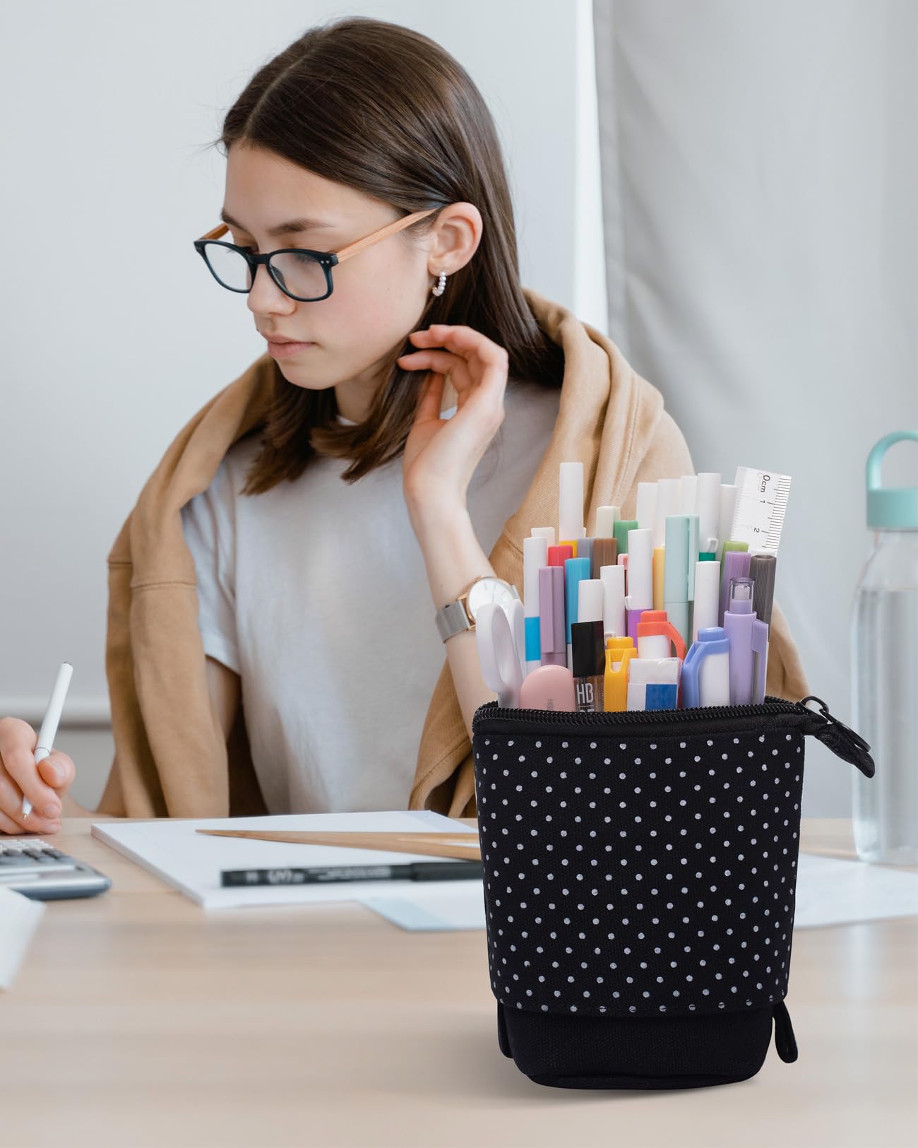 Sooez Pop Up Pencil Case, Cute Stand Up Pencil Case, Durable Pen Pouch, Telescopic Pencil Holder Case, Kawaii Standing Pencil Case, Spacious Pencil Pouch Portable Pencil Bag for School Office (Black)