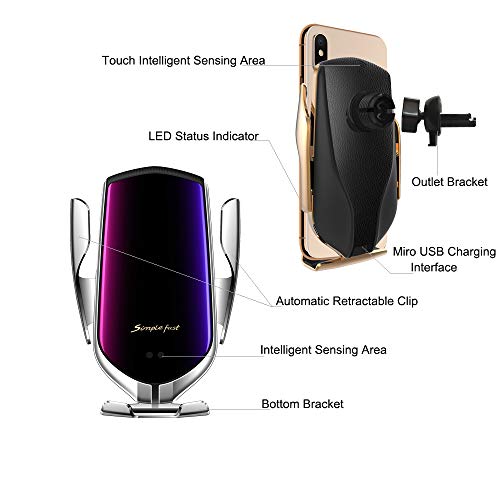 Survival-Pax Co. Smart Sensor Wireless Car Charger Mount, Automatic Clamping QC/QI 10W Fast Charging Car Charger Holder Compatible with iPhone 11/Xs/Xs Max/XR/X,Samsung Note 9/S9/ S9+/S8 etc (Gold)