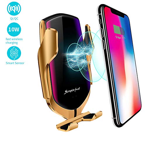 Survival-Pax Co. Smart Sensor Wireless Car Charger Mount, Automatic Clamping QC/QI 10W Fast Charging Car Charger Holder Compatible with iPhone 11/Xs/Xs Max/XR/X,Samsung Note 9/S9/ S9+/S8 etc (Gold)
