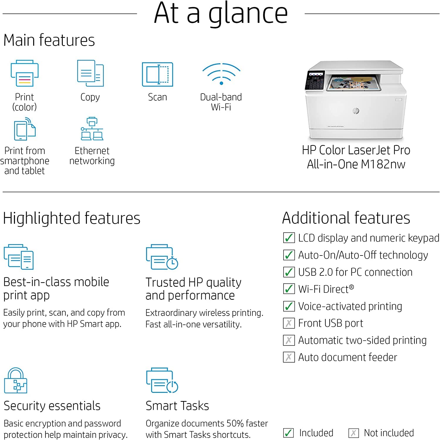 HP Color Laserjet Pro MFP M182nw All-in-One Wireless Laser Printer - Print Scan Copy - 17 ppm, 600 x 600 dpi, 256MB Memory, Photo Printing, 8.5 x 14, 2-Line LCD, Ethernet, White, Cbmou Printer Cable