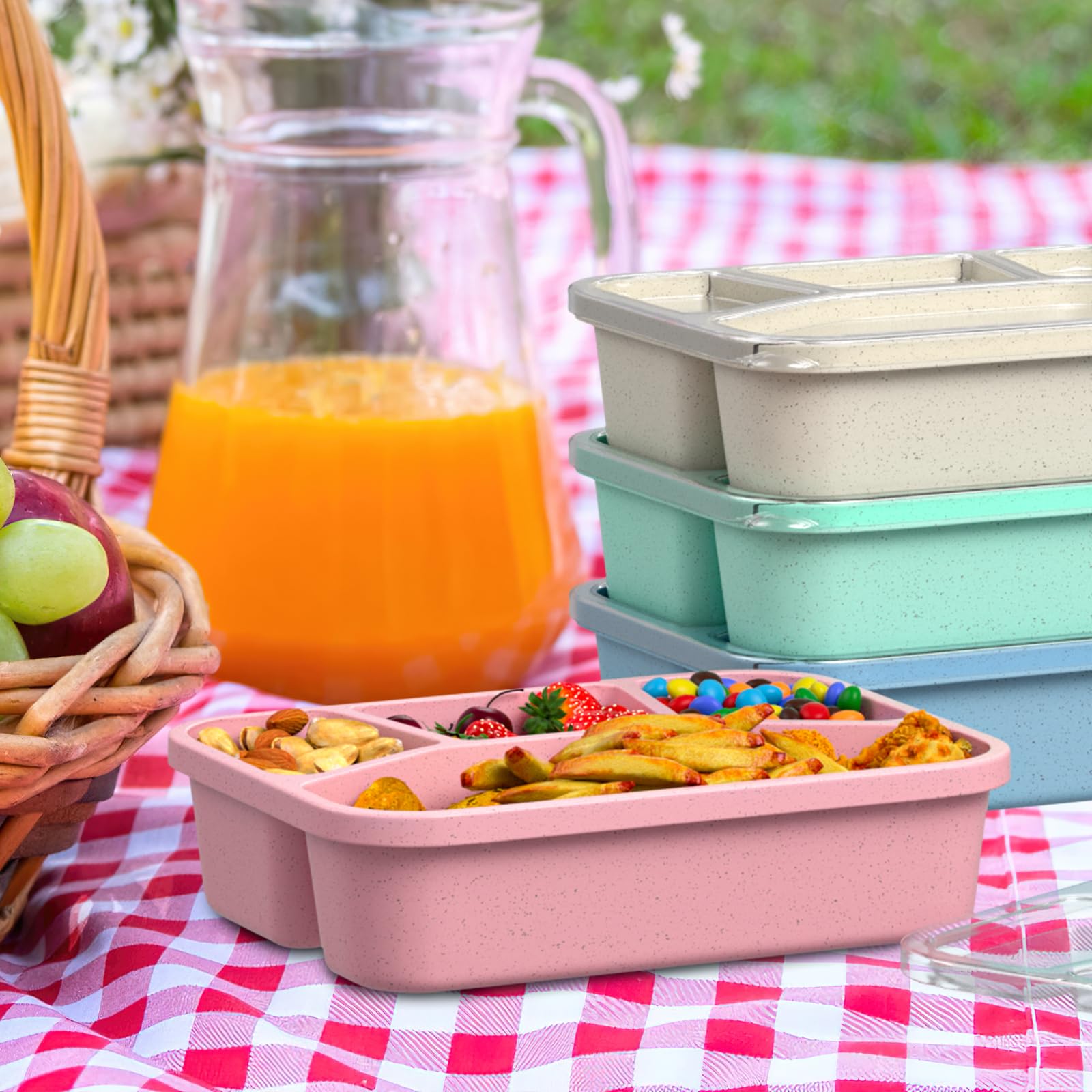 XGXN Bento Box Adult Lunch Box (4 Pack), 5-Compartment Meal Prep Container for Kids, Reusable Food Storage Containers with Transparent Lids, No BPA, Microwaveable (Wheat (Green/Blue/Pink/Beige))