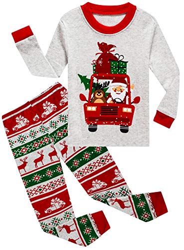 KikizYe Christmas Reindeer Santa Claus Car gift Little Boys Long Sleeve Pajamas 100% Cotton Holiday Grey Sleepwears Toddler Size 2T