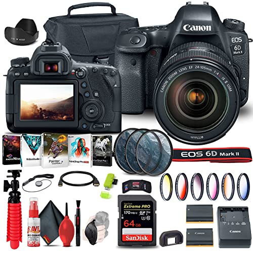 Canon EOS 6D Mark II DSLR Camera with 24-105mm f/4L II Lens (1897C009), 64GB Memory Card, Color Filter Kit, Case, Filter Kit, Corel Photo Software, LPE6 Battery, Card Reader + More (Renewed)