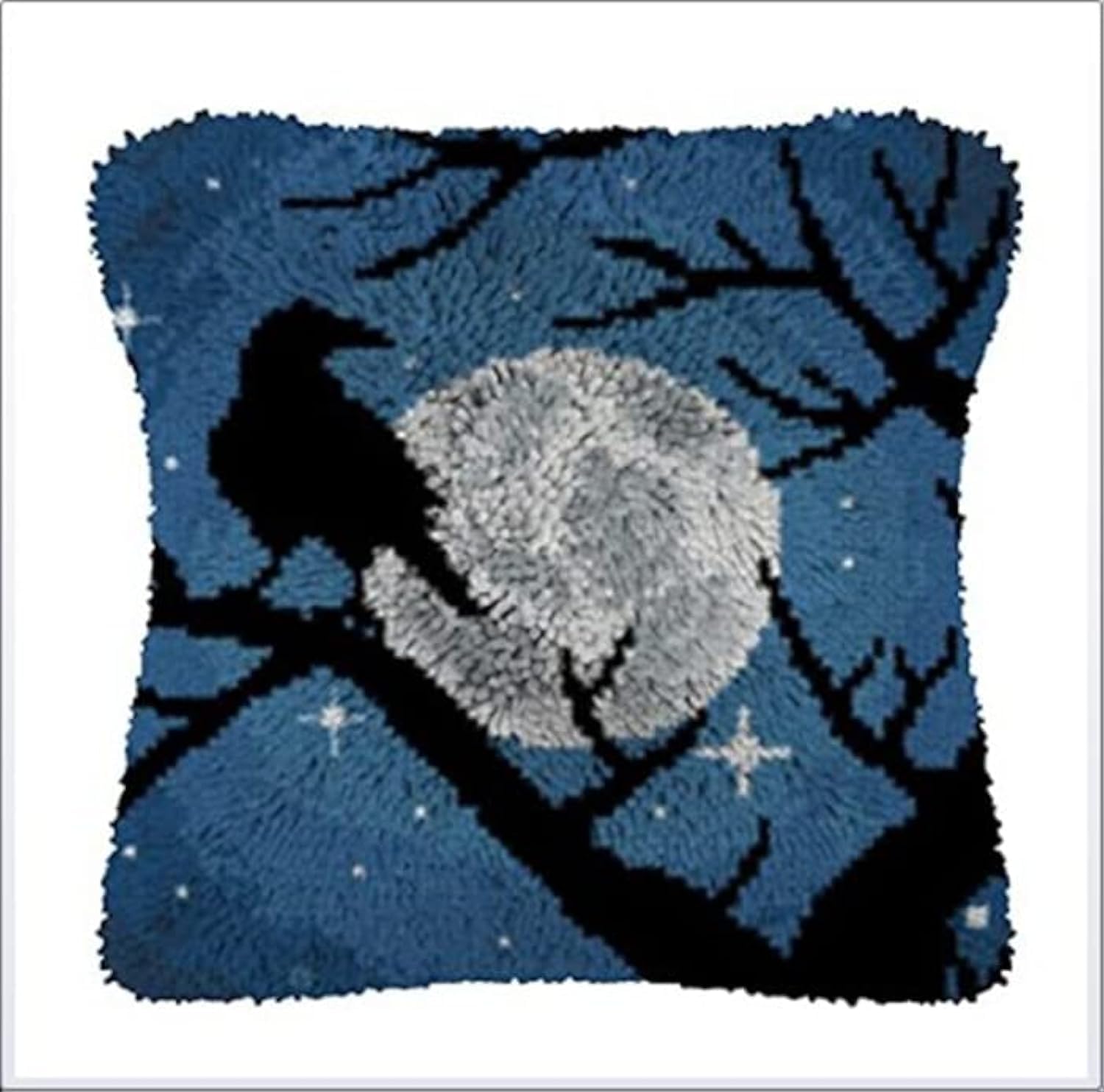 Crow Raven Moon Night Latch Hook Pillowcase Kits for Adults and Starter DIY Cushion Throw Pillow Cross Stitch Latch Hook Rug Kits with Preprinted Canvas Crochet Yarn Kits Needlework Crafts 17'' X 17''