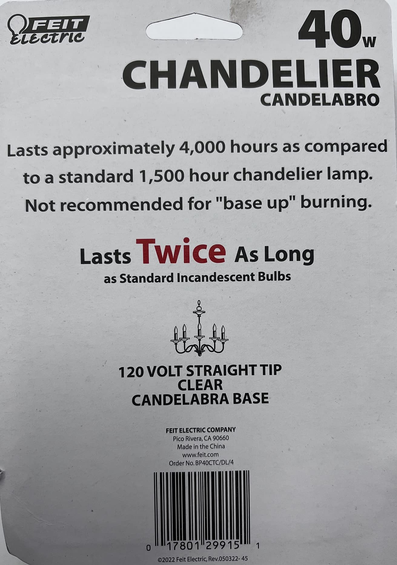 Feit Electric Light Bulbs 40 watt Straight - Torpedo Chandelier Incandescent Bulb E12 (Candelabra) Soft White 4 pk