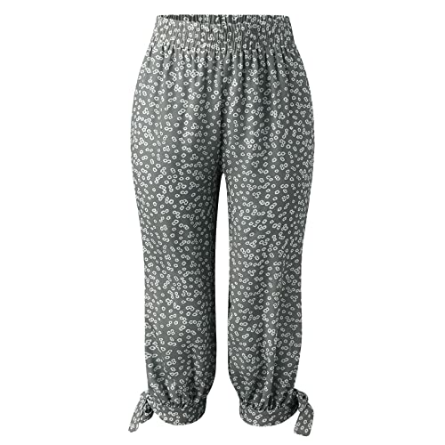 DUOWEI Women Pants for Work Casual Womens Flower Prinnted Linen Capri Pants Elastic Waist High Waist Work Pants for Women Green