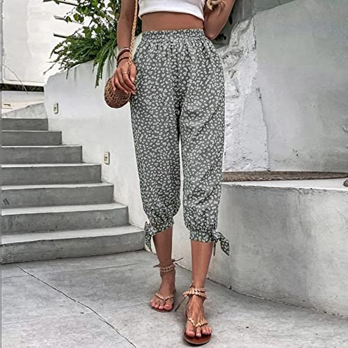 DUOWEI Women Pants for Work Casual Womens Flower Prinnted Linen Capri Pants Elastic Waist High Waist Work Pants for Women Green