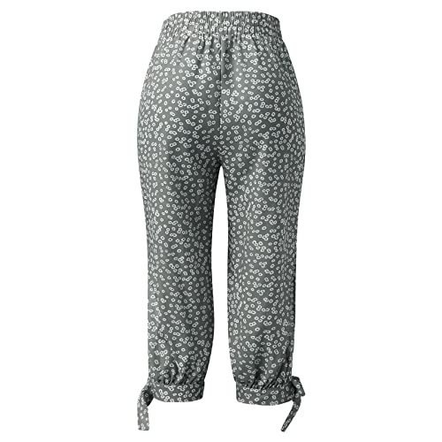 DUOWEI Women Pants for Work Casual Womens Flower Prinnted Linen Capri Pants Elastic Waist High Waist Work Pants for Women Green