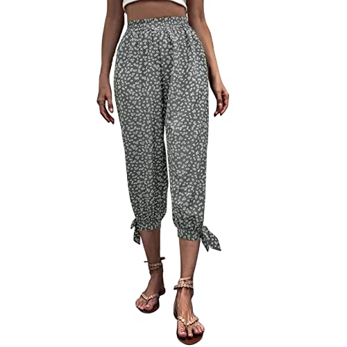 DUOWEI Women Pants for Work Casual Womens Flower Prinnted Linen Capri Pants Elastic Waist High Waist Work Pants for Women Green