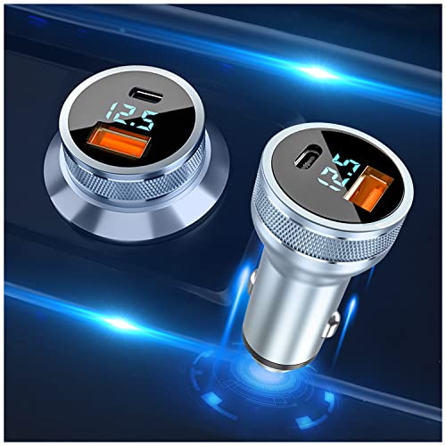 Junecarp Car Charger,Fast Charge USB Type Quick Charge 3.0 and PD 36W Aluminum Alloy Cigarette Lighter USB Charger Voltage Display Adapter for iPhone,13/12/11 pro/XR/x/7/6s,Car Accessories