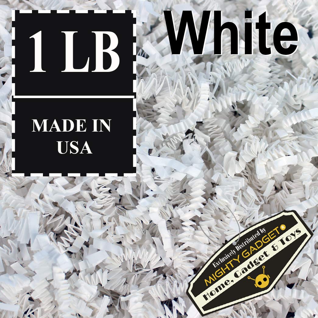 Mighty Gadget 1 LB White Crinkle Cut Paper Shred Filler for Gift Wrapping & Basket Filling (Made in the USA)