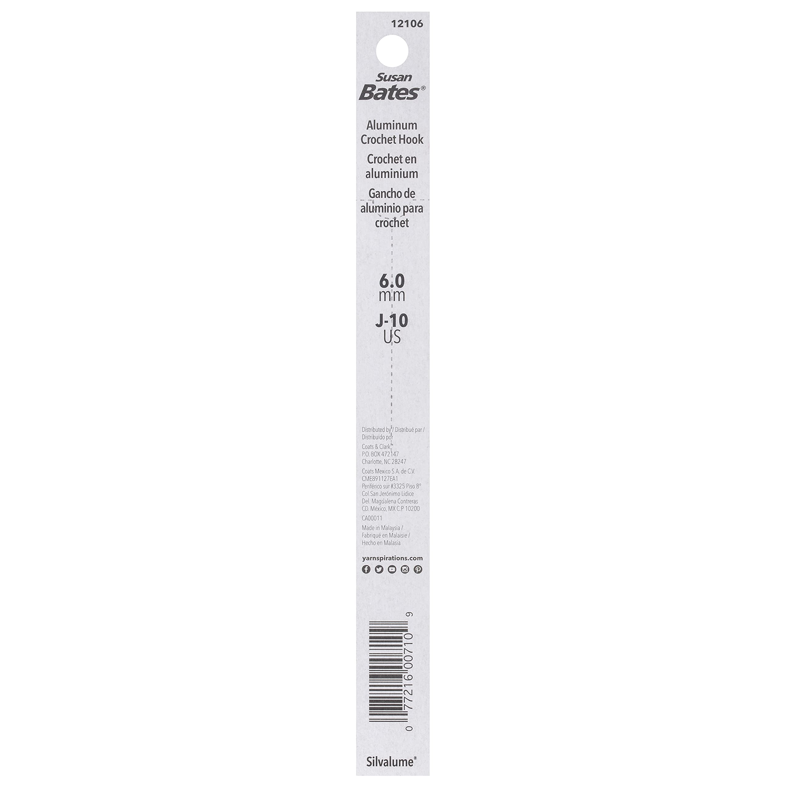 Susan Bates Silvalume Crochet Hooks 5-1/2": Size J (6mm), Light Yellow