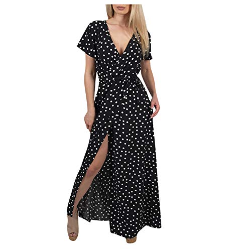 XIMIN Women's Fashion Casual Short Sleeve V-Neck Low Cut Printed Polka Dot Dress Beach Maxi Dress (Black, Size:XXXL)