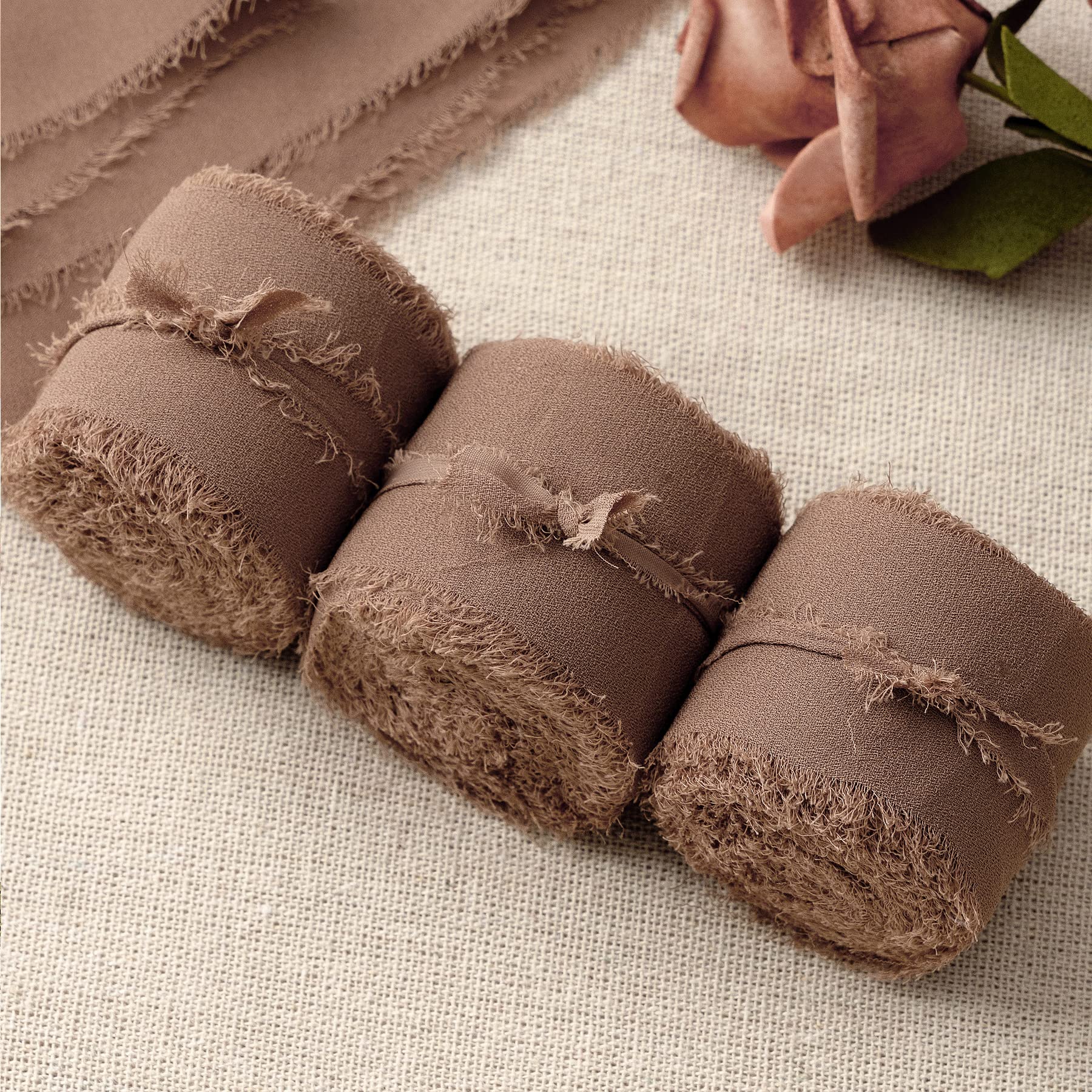 JEDIA Chiffon Ribbon, 3 Rolls Brown Handmade Fringe Chiffon Silk Ribbons, 1.5" x 7Yd Ribbon Set for Gift Wrapping, Wedding Invitations, Bouquet Wrap, Bridal Bouquets, DIY Crafts