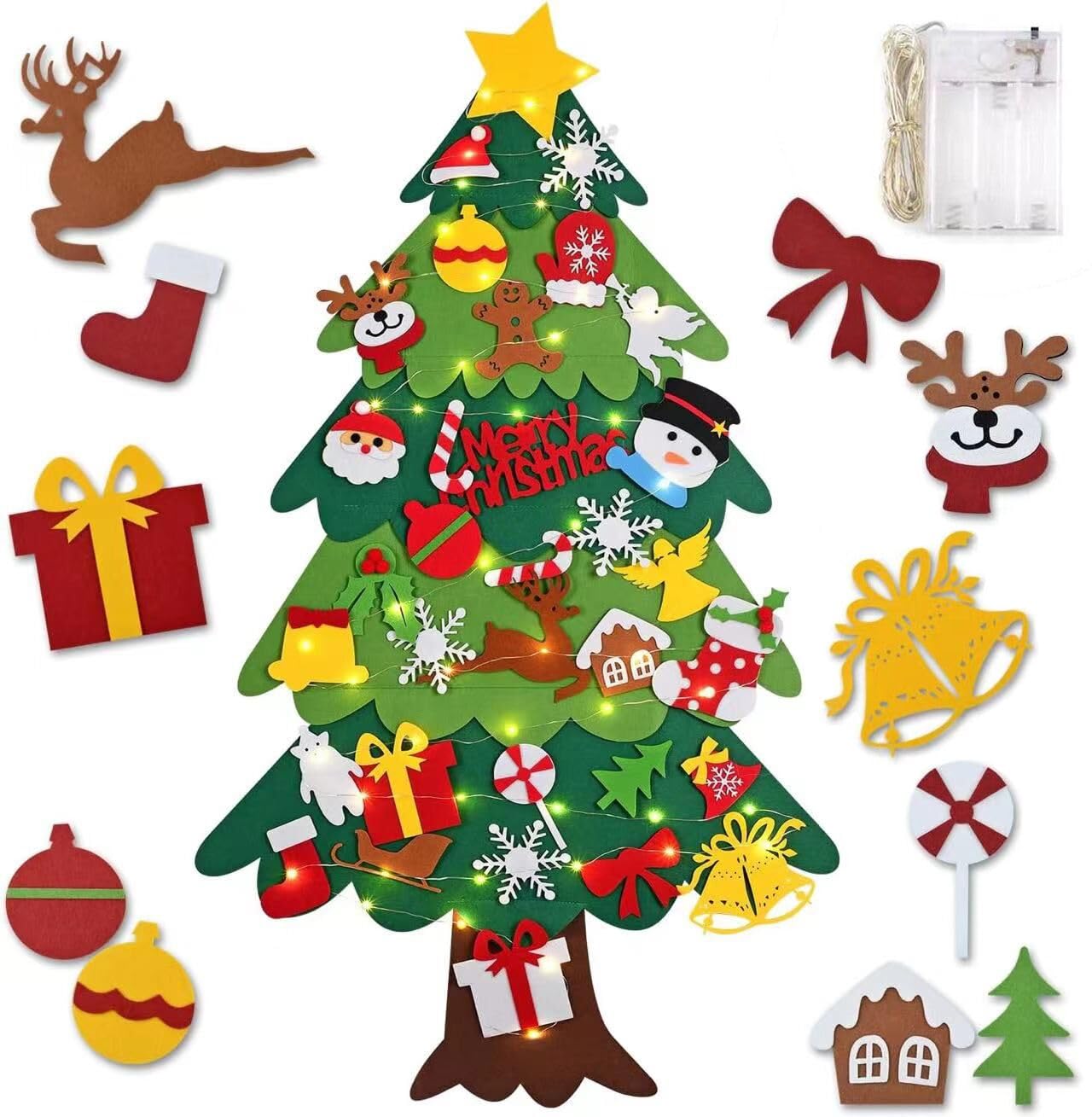 WooEver DIY Felt Christmas Tree Set 3.5ft, Xmas Decorations Wall Hanging 33 Detachable Ornaments with String Light Kids Gifts New Year Party Supplies (Batteri Not Included)
