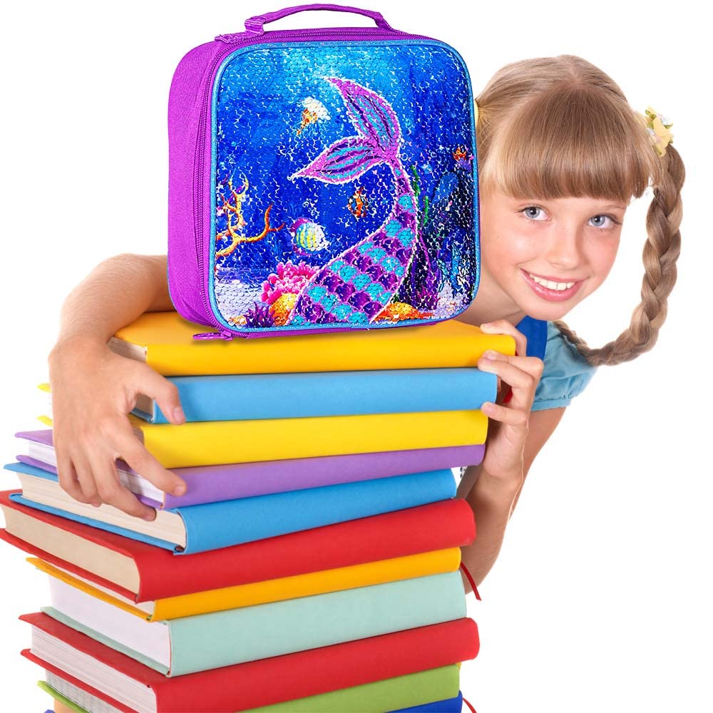 gxtvo Lunch Box for Girls, Mermaid Insulated Bag, Kids Reversible Sequin Flip Color Change