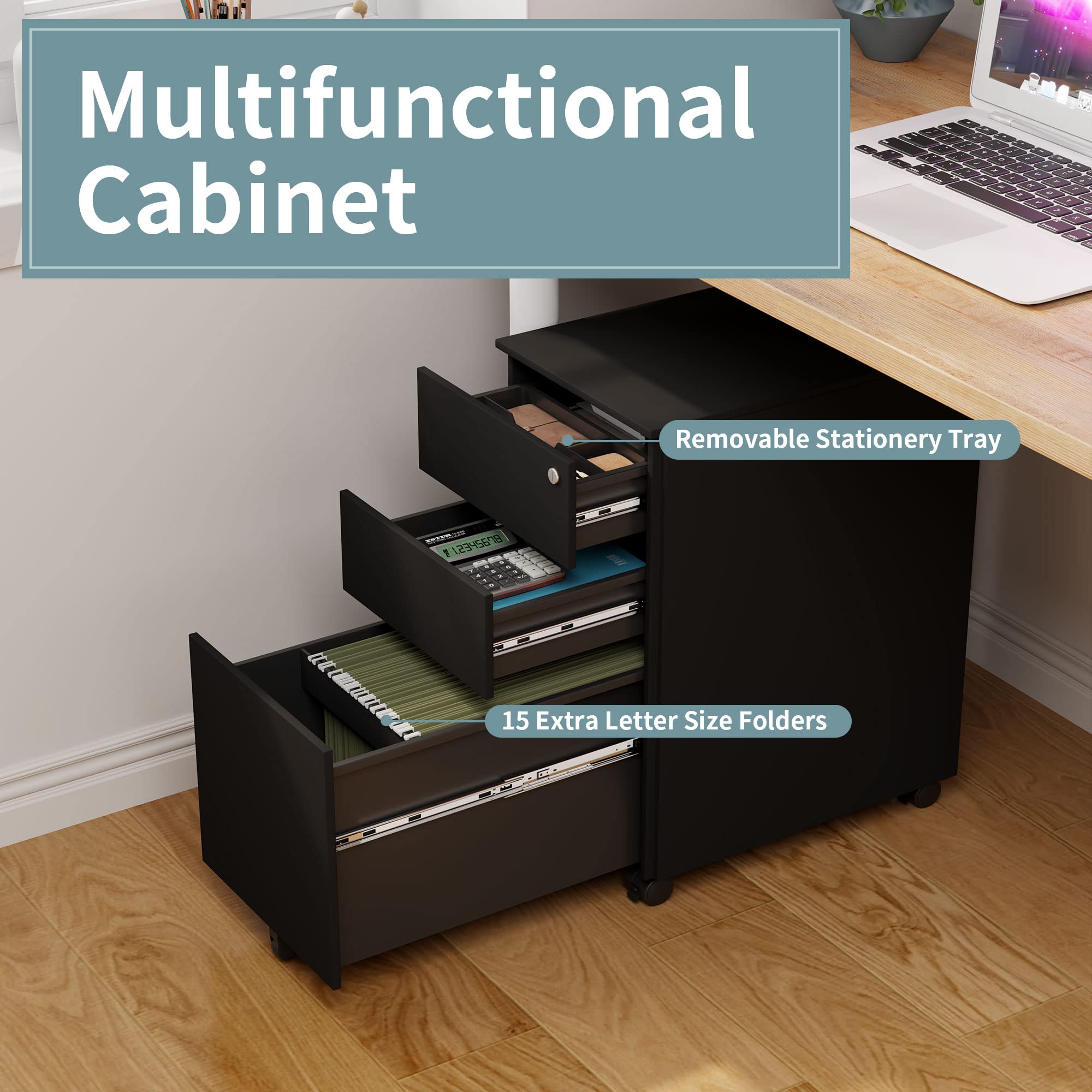 HISTEEL 3 Drawer Vertical File Cabinet,Mobile Filing Cabinet for Legal/Letter/A4 File,11.81" x 17.72" x 23.62", Black