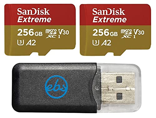 SanDisk 256GB Extreme MicroSDXC (2 Pack) Memory Card Works with GoPro Action Camera Hero 11 Black and Hero11 Black Mini (SDSQXAV-256G-GN6MN) Bundle with 1 Everything But Stromboli MicroSD Card Reader