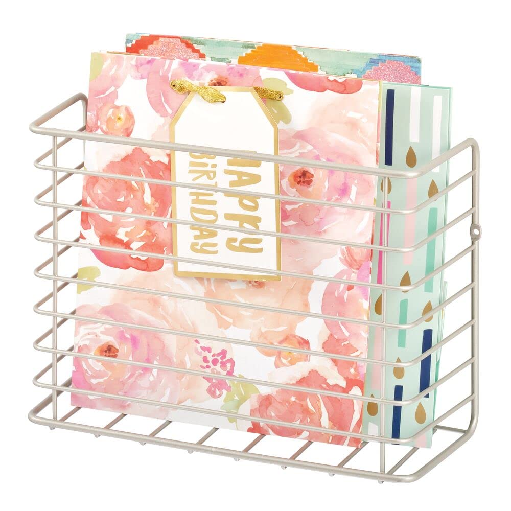 mDesign Metal Wire Farmhouse Wall Mount Craft, Sewing, Crochet Storage Bin Basket - Compact Organizer and Holder for Sketch Books, Markers, Crayons - Satin