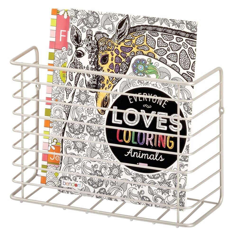 mDesign Metal Wire Farmhouse Wall Mount Craft, Sewing, Crochet Storage Bin Basket - Compact Organizer and Holder for Sketch Books, Markers, Crayons - Satin