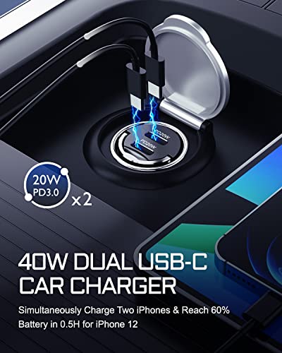 USB C Car Charger, 40W PD 3.0 Smallest Dual Type C Car Power Adapter Flush Fit Cigarette Lighter Quick Charge Compatible with iPad, iPhone13/12/11 Pro Max/X, Samsung Galaxy S21/S20/S10/S9/S8 and More