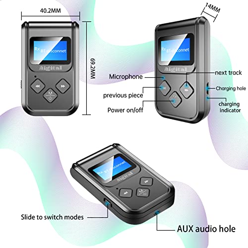 Bluetooth Transmitter with LCD Screen, 2-in-1 Bluetooth Audio Transmitter and Receiver Adapter with Built-in Battery, Wireless Audio Receiver with Mic for Handsfree, aptx Low Latency
