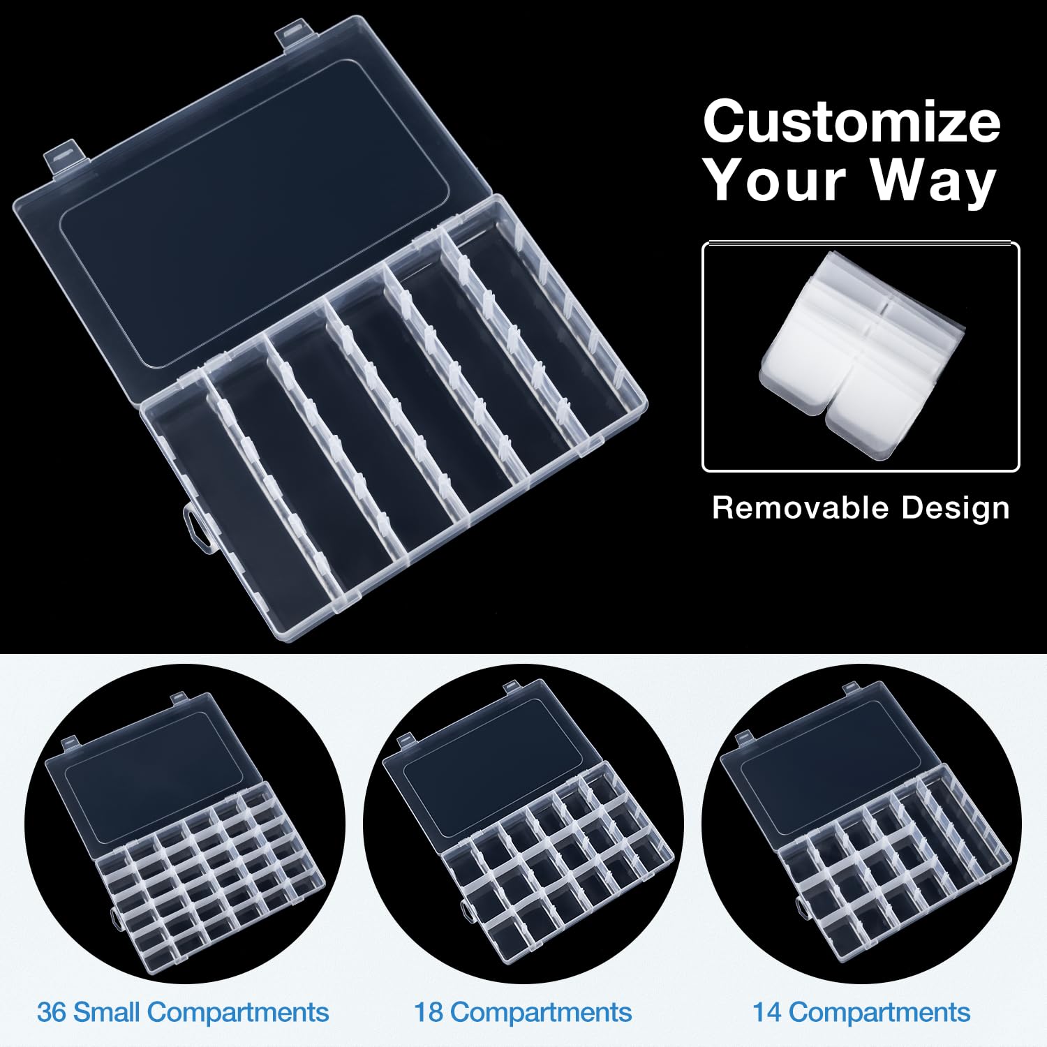 Benbilry 36 Grids Clear Plastic Organizer Box with Adjustable Dividers, 36 Compartment Organizer Clear Storage Container for Bead Organizer, Fishing Tackles, Felt Board and Jewelry Storage