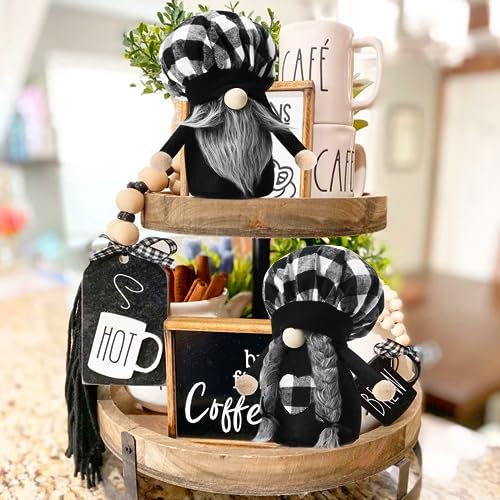 YuQi 2PCS Plaid Kitchen Chef Gnomes Plush, Black White Plaid Couple Cooking Gnome Elf Doll for Home Table Display Ornament, Unique Chriatmas Gifts Ideas