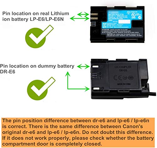 ACK-E6/ACE6N DR-E6 Continuous Power Adapter LP-E6 Dummy Battery for Canon EOS 70D 80D 90D 5Ds 5Ds R 5D Mark II III IV 6D 6D Mark II 7D 7D Mark II 60D 60Da EOS R R5 R6 R7 Cameras by Tengdaxing