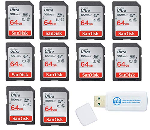 SanDisk 64GB SD Ultra Memory Card 10 Pack UHS-I Class 10 (SDSDUNR-064G-GN6IN) Bundle with (1) Everything But Stromboli Combo Card Reader