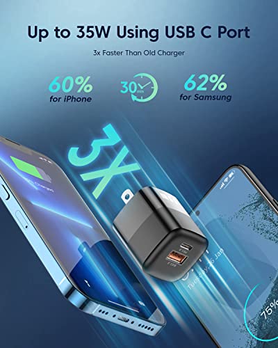 Kuulaa Usb C Charger Fast Charging Block,35W Max GaN Dual Port PD 3.0 & QC 3.0 Type C Charging Block With Usb C Cable for iPhone 14/13/12/11/Samsung Galaxy S23 Ultra/S22 Ultra/Macbook Pro/Air And More