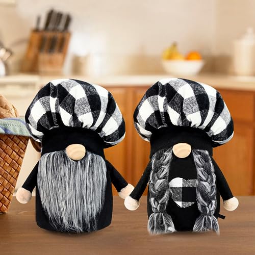 YuQi 2PCS Plaid Kitchen Chef Gnomes Plush, Black White Plaid Couple Cooking Gnome Elf Doll for Home Table Display Ornament, Unique Chriatmas Gifts Ideas