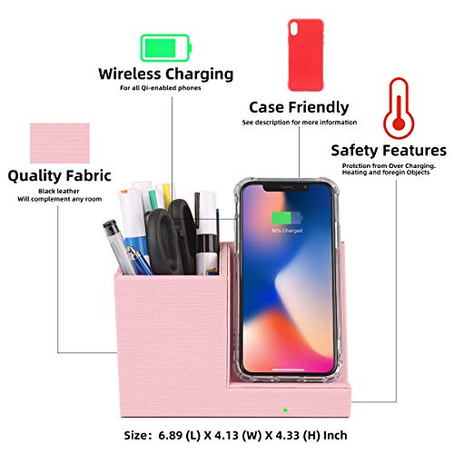 15W Pink Wireless Charger,Fast Wireless Charger Desk Stand,Qi Certified Charging Dock with Pen Holder Storage for iPhone 12/11/Xs MAX/XR/XS/X/8, Samsung S10/S9/S9+/S8/S8+/Note 10(No AC Adapter)