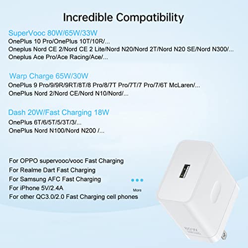 for Oneplus 11 10 Pro Charger 80W, Warp Charger SuperVooc 65W Wall Block for Oneplus 9 Pro 10T 10R 8T 8 7T 7 Pro Nord 2T CE 2 Lite N20 N10 9R Ace 6T Dash Charge One Plus Fast Charging 6.6ft Cable