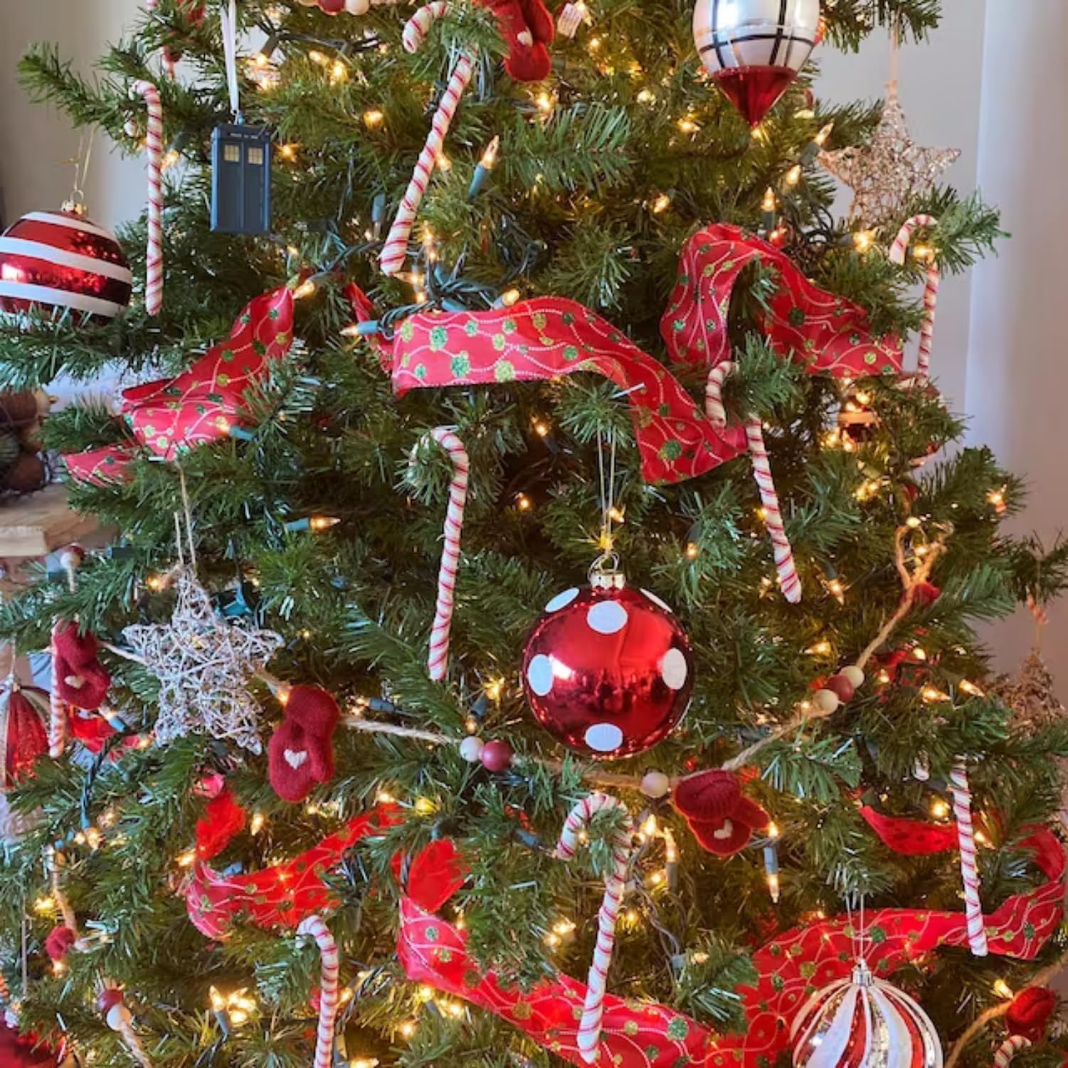 24pcs Candy Cane Christmas Decorations for Tree - Red White Fabric Wrapped Candy Cane Christmas Hanging Ornaments for Farmhouse Christmas Decor Gift Candyland Party Favor Supplies