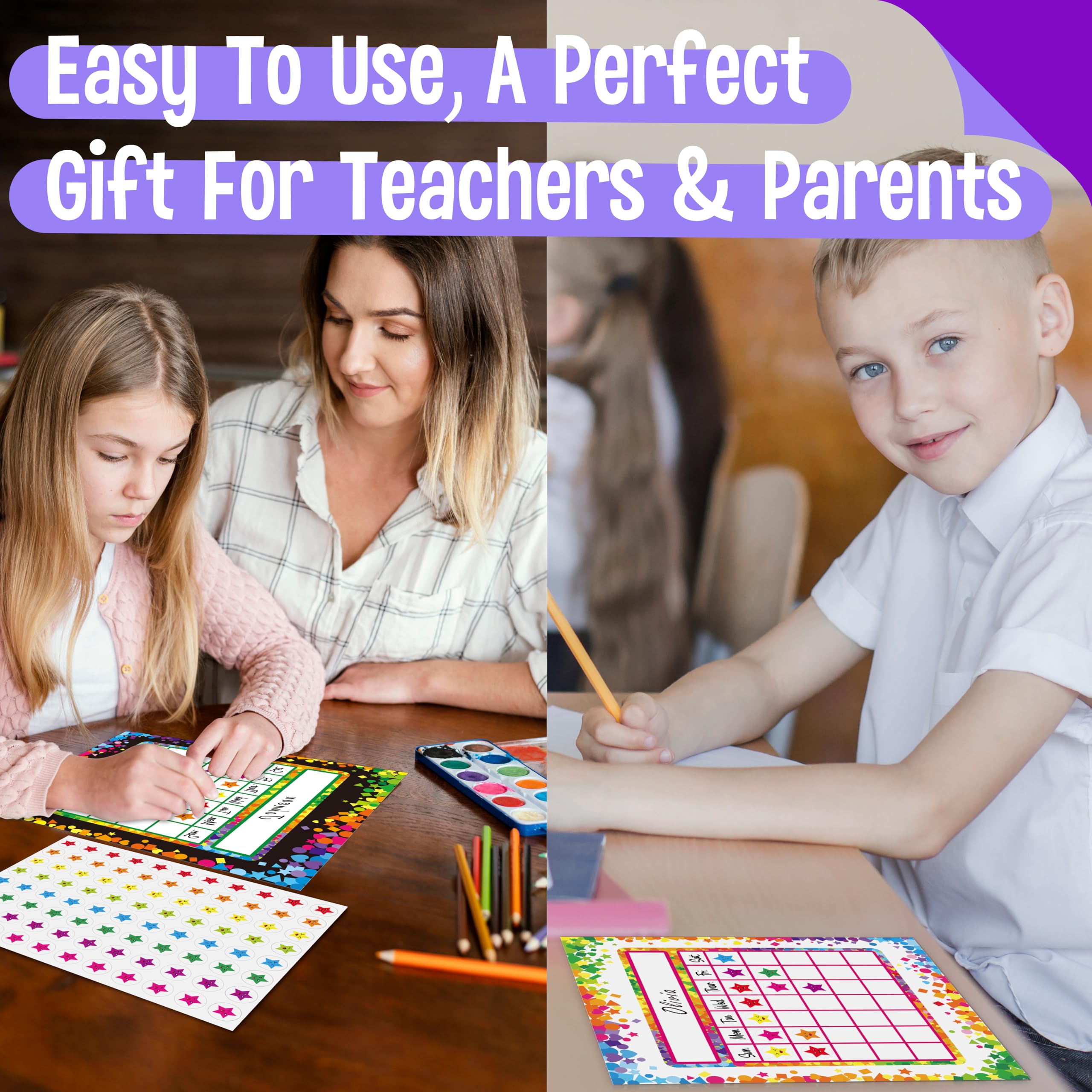 66 Pack Classroom Incentive Chart in 2 Designs with 2024 Star Stickers for Classroom Teaching or Family Using